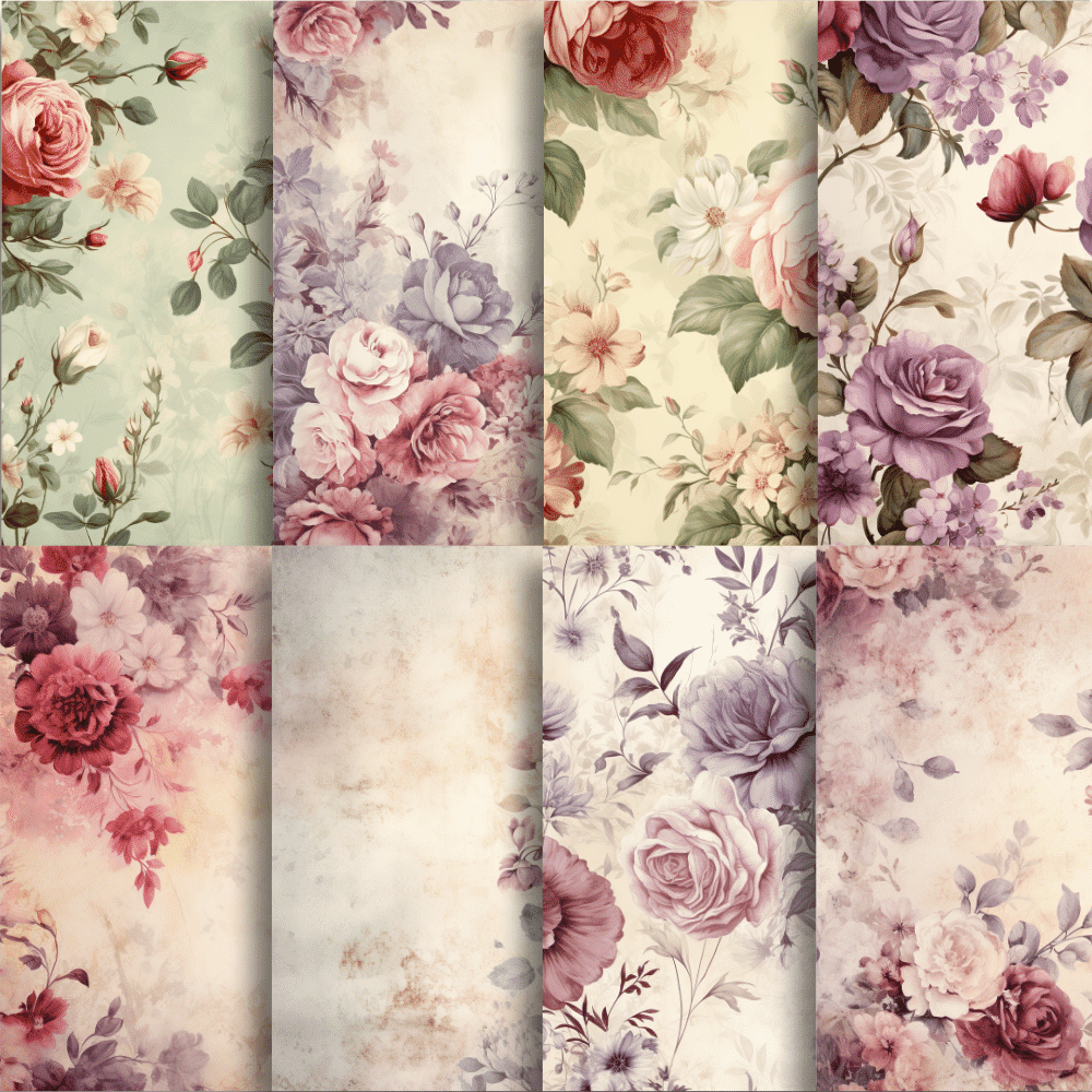 Vintage-style Floral PNG Digital Papers (Extended License)
